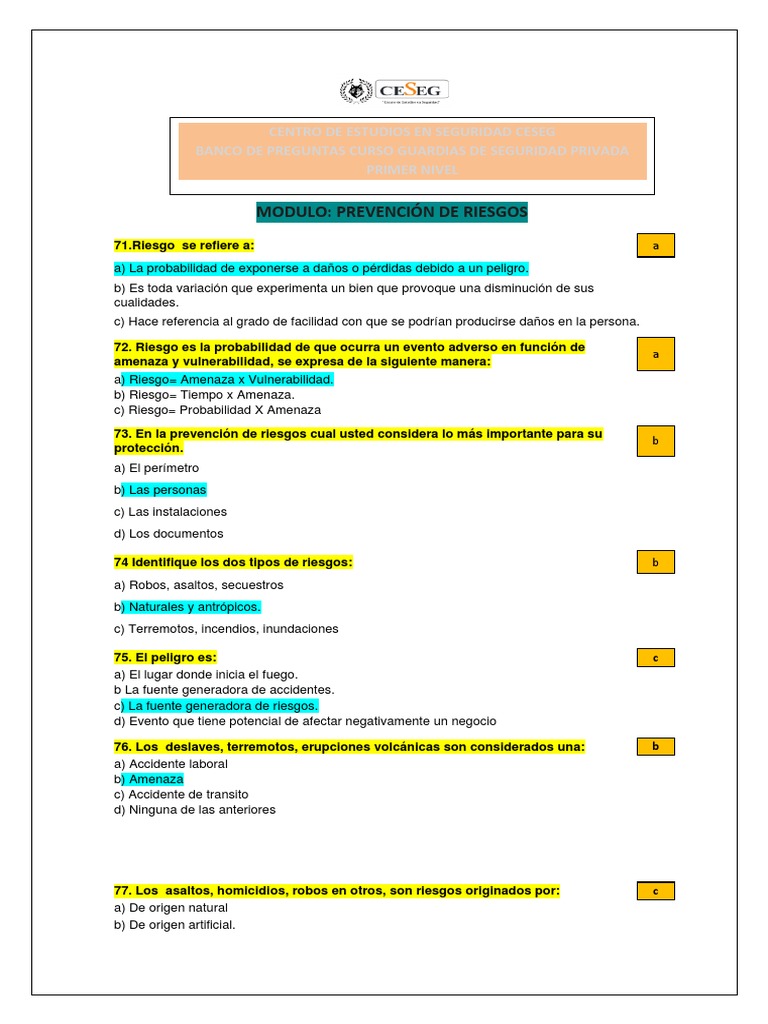 Banco de Preguntas Con Respuestas Prevención 2020 | PDF | Riesgo | Planificación