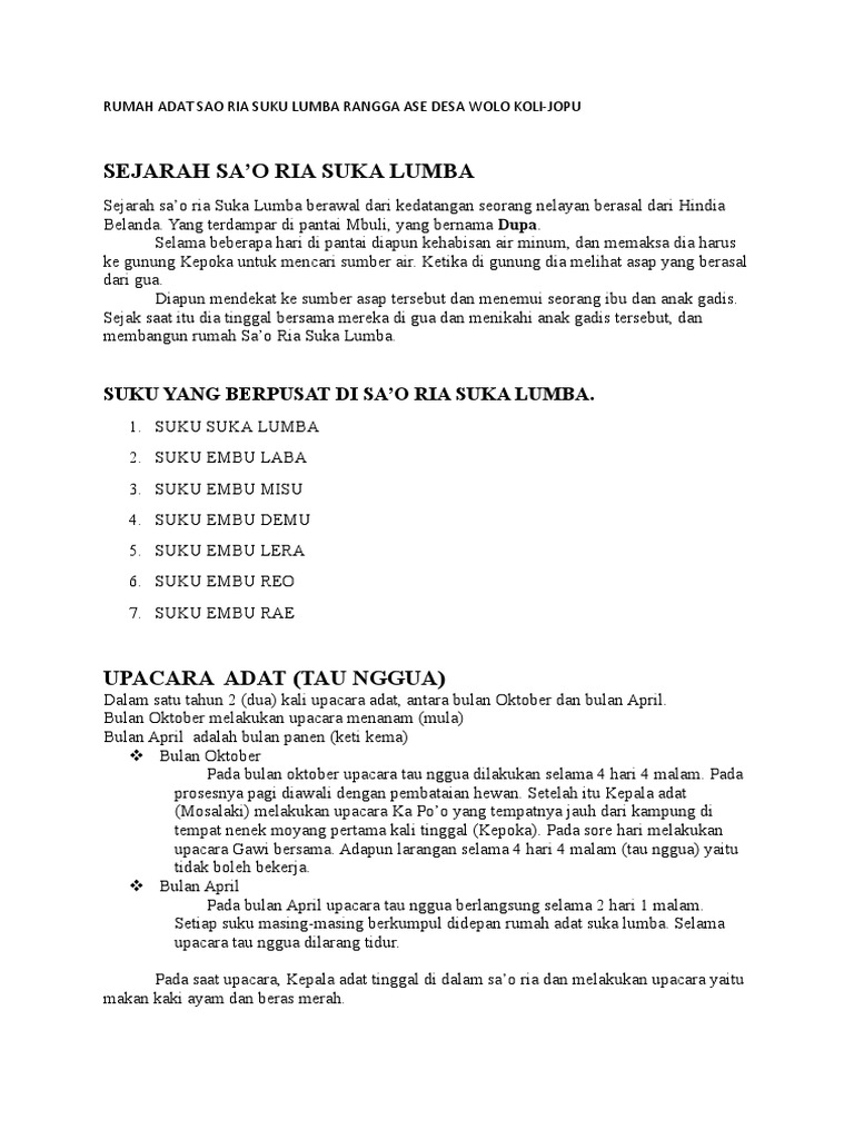 Rumah Adat Sao Ria Suku Lumba Rangga Ase Desa Wolo Koli | PDF