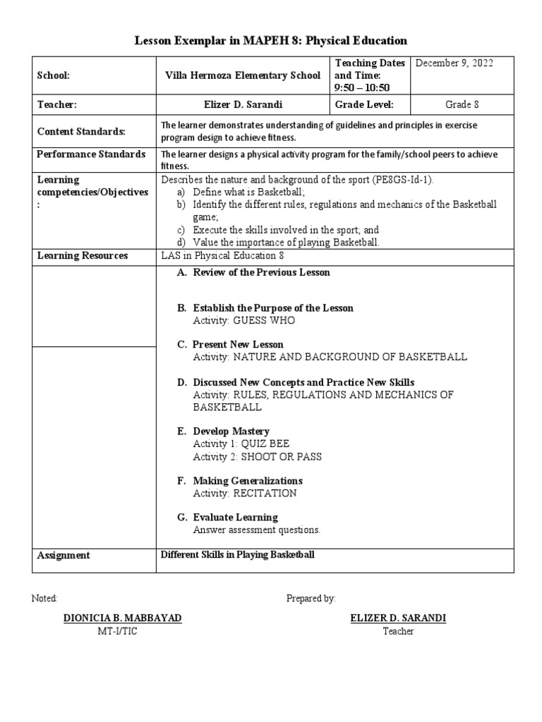 Lesson Exemplar Mapeh 8 - Basketball | PDF | Learning | Educational Assessment