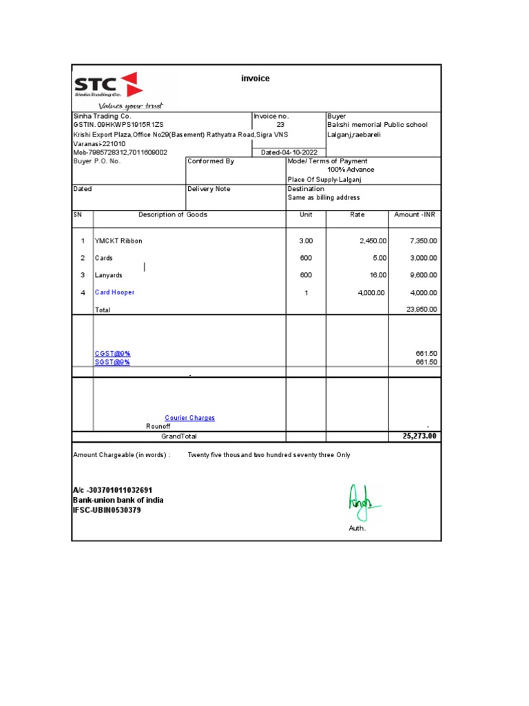 Supply of School Uniform Accessories: Invoice for YMCKT Ribbons, Cards ...