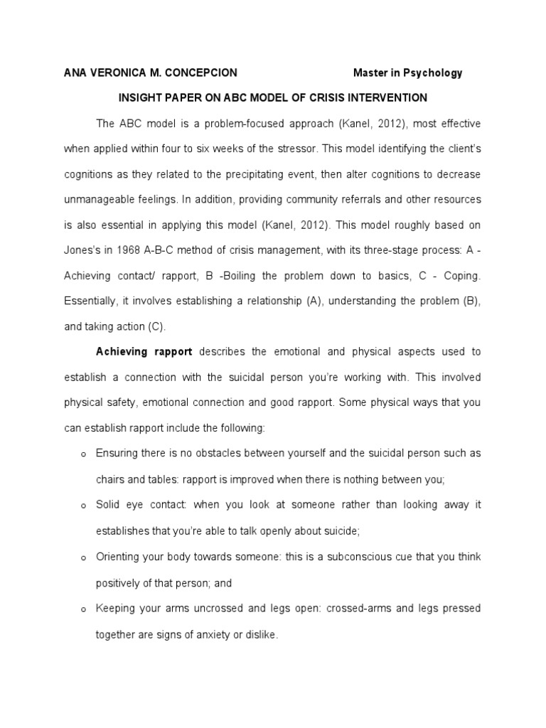 ABC Model in Crisis Intervention Guide | PDF | Suicide | Risk