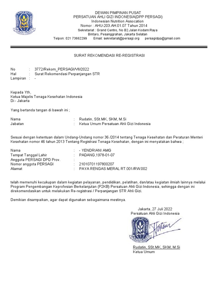 Rekomendasi Perpanjangan STR Ahli Gizi | PDF