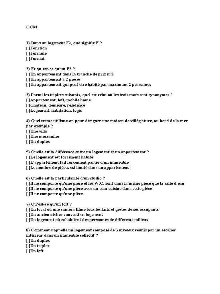QCM sur les types de logements | PDF