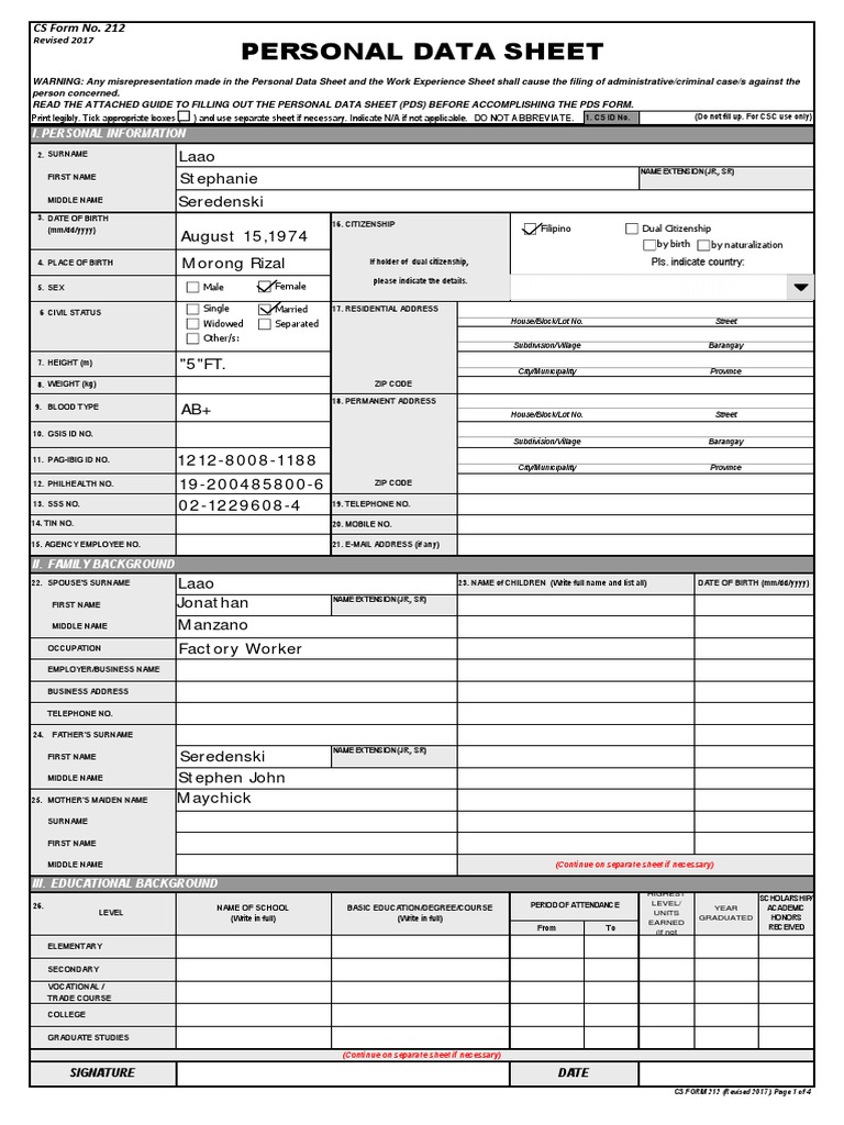 Personal Data Sheet CS Form No. 212 Revised 2017 | PDF | Passport ...
