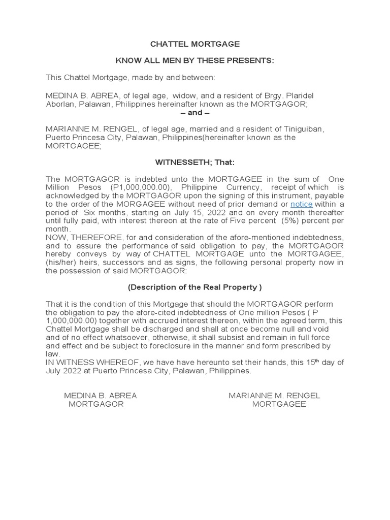 Chattel Mortgage Joemar PDF Mortgage Law Civil Law Common Law 