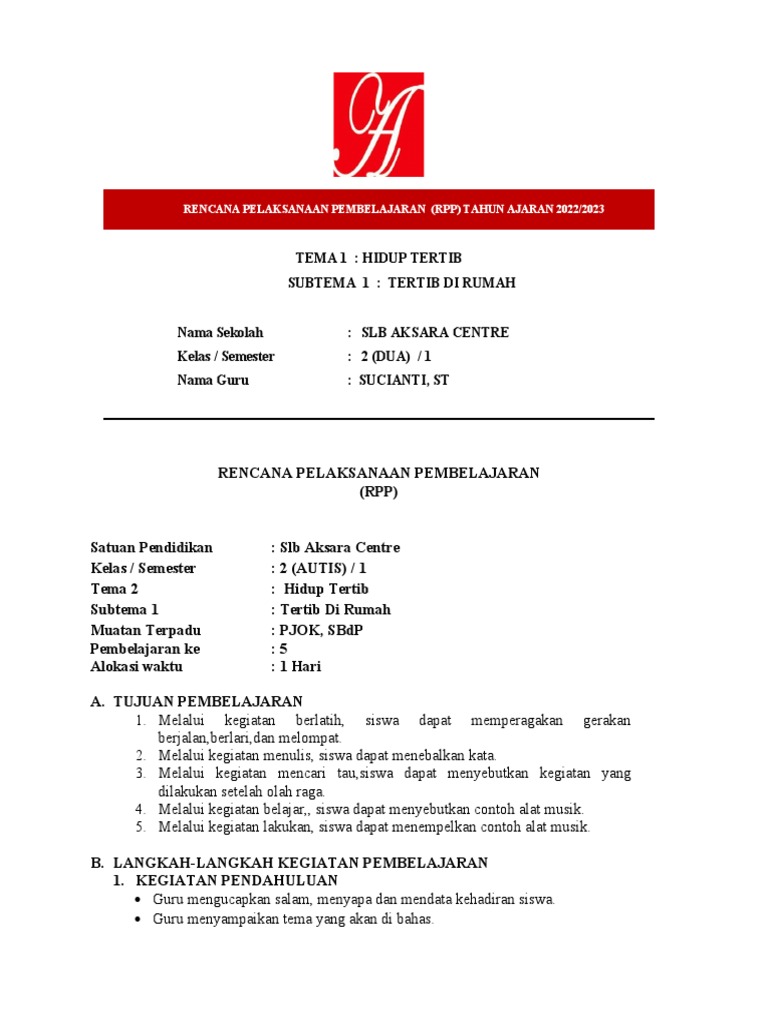RPP Kelas 2 Autis Tema 1 Sub 1 P5 | PDF