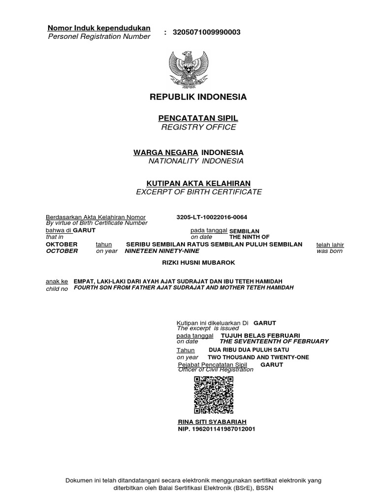 Kutipan Akta Kelahiran Rizki Husni Mubarok | PDF