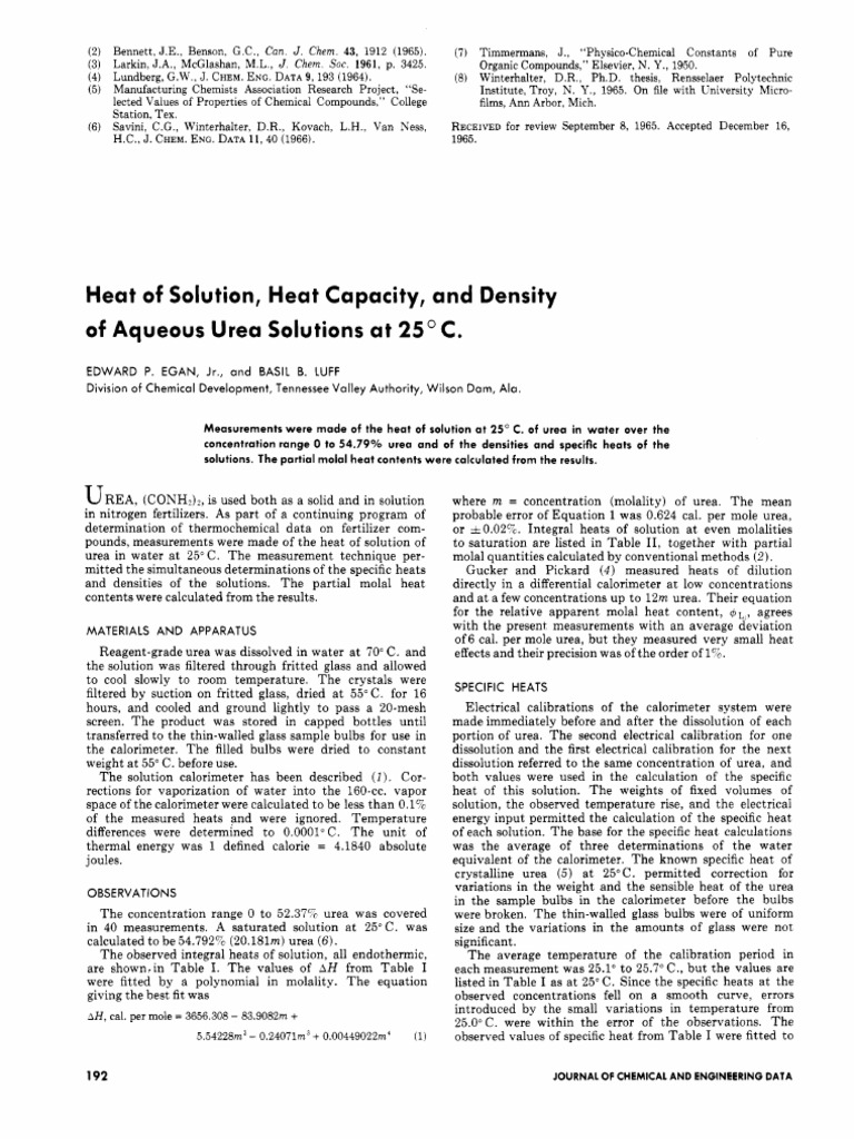 Heat of Solution, Heat Capacity, and Density of Aqueous Urea Solutions ...