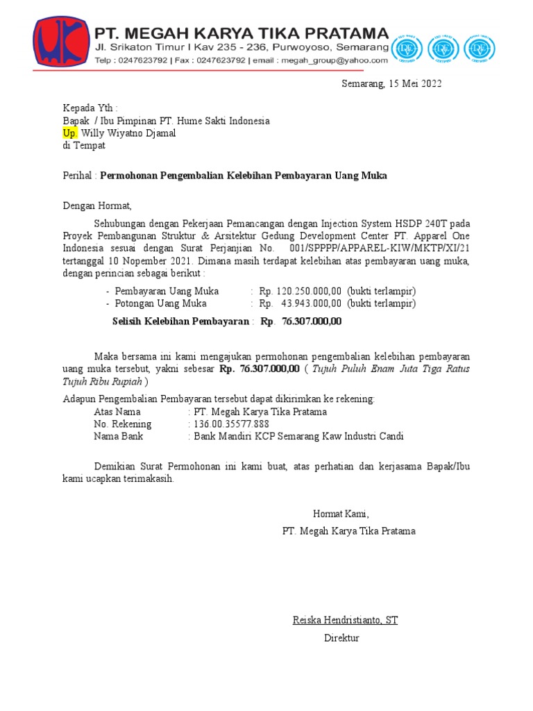 Surat Permohonan Pengembalian Kelebihan Bayar Injection HSDP 240T | PDF