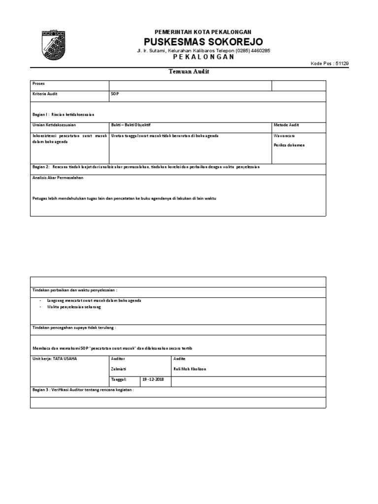 Form Temuan Audit Dan Tindak Lanjut Puskesmas | PDF