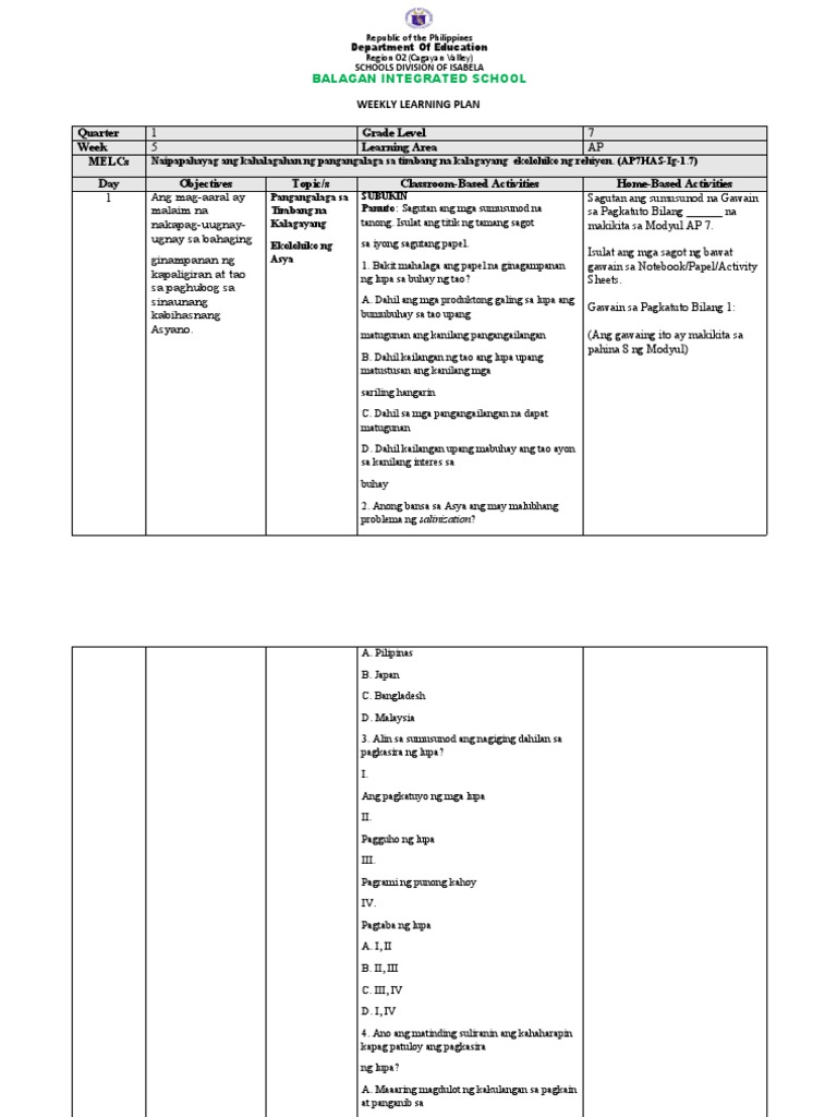 Weekly Learning Plan Quarter Grade Level Week Learning Area Melcs Day ...