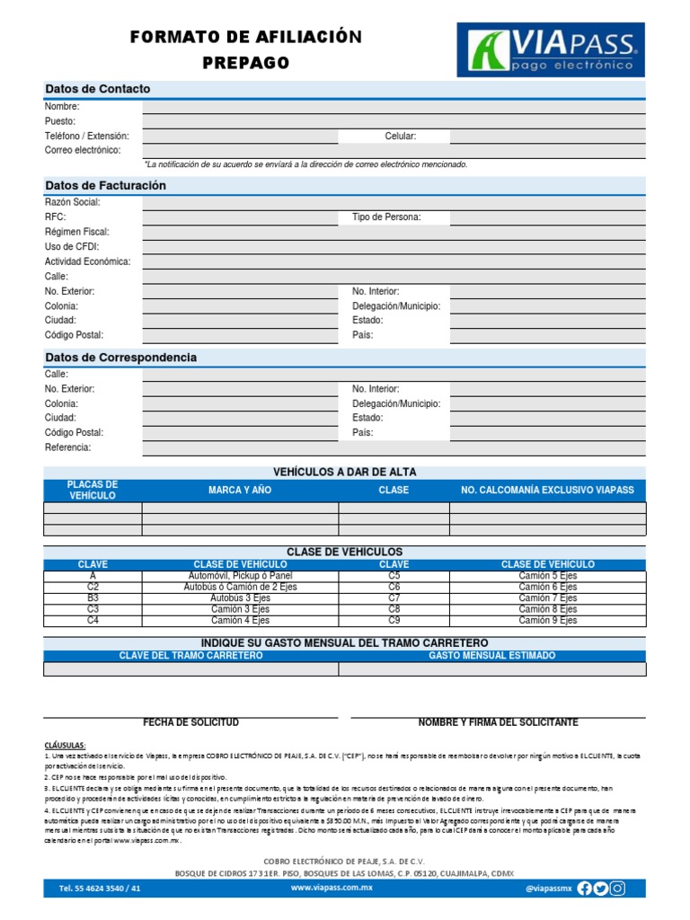 Formato de Afiliacion Prepago - Viapass Nuevo | PDF