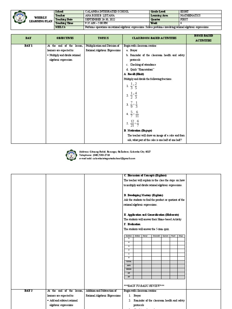 Q1 W4 Math8 WLP | PDF | Multiplication | Teachers