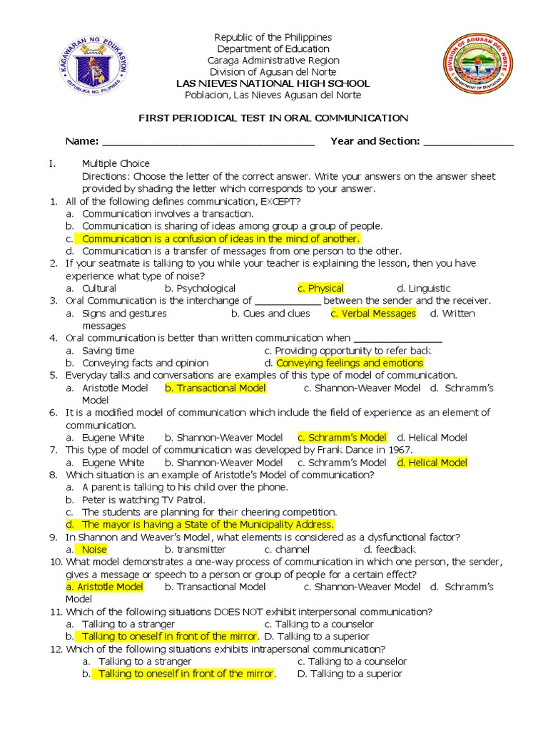 Grade 11 Oral Communication Test Key | PDF | Communication | Cross ...
