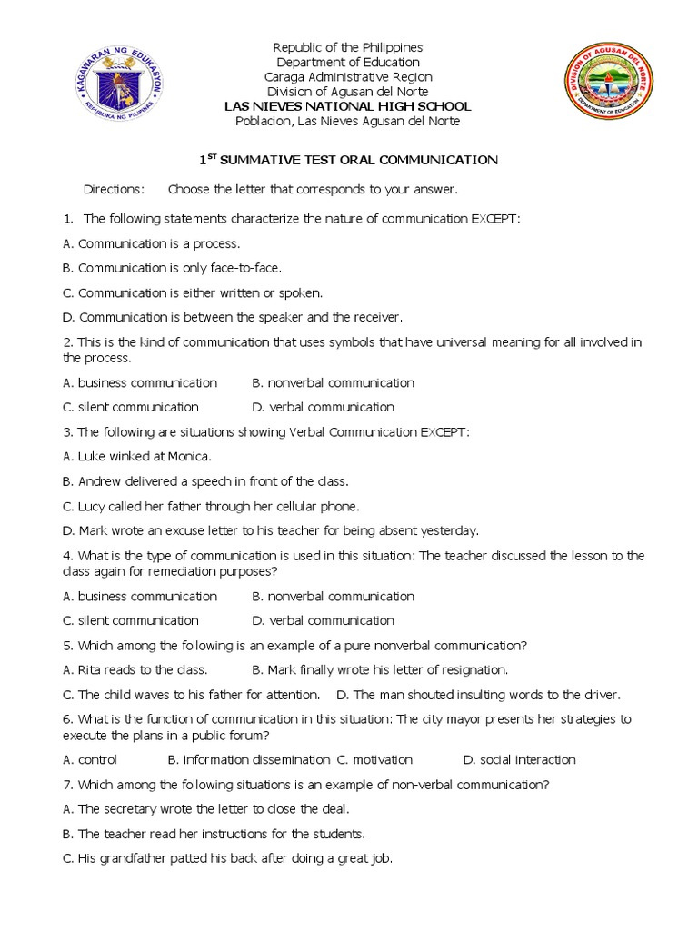 Summative Test in Oral Communication | PDF | Communication | Nonverbal ...