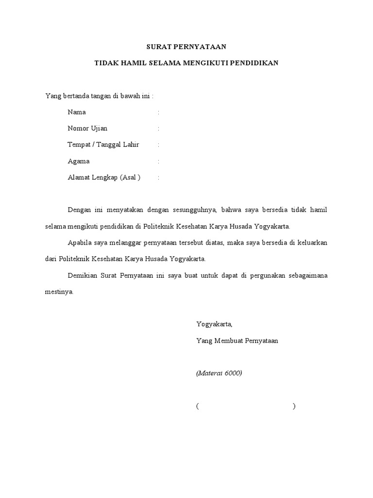 Surat Pernyataan Tidak Hamil Pendidikan | PDF