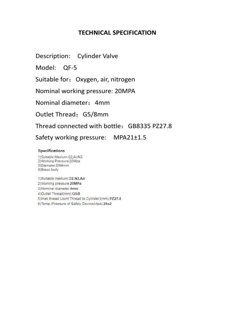 Technical Specifications for a 4mm Diameter Cylinder Valve with G5/8mm ...