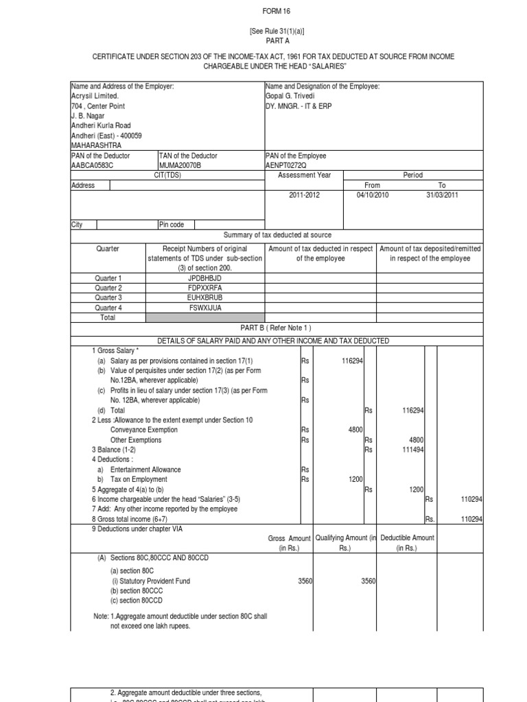 Form 16: TDS Certificate for Salaries | PDF | Rupee | Tax Deduction