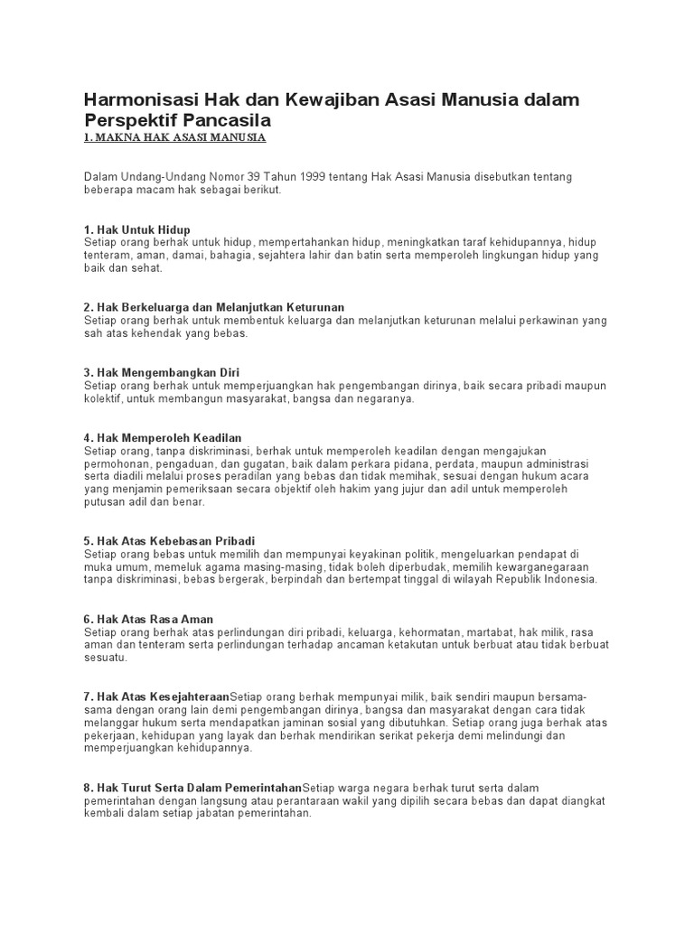 Harmonisasi Hak Dan Kewajiban Asasi Manusia Dalam Perspektif Pancasila | PDF | Ilmu Sosial