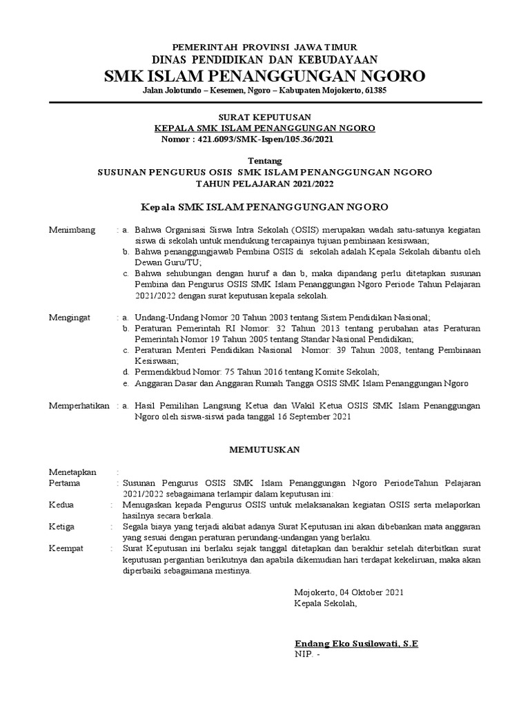 SK Pengurus Osis 2021 2022 | PDF