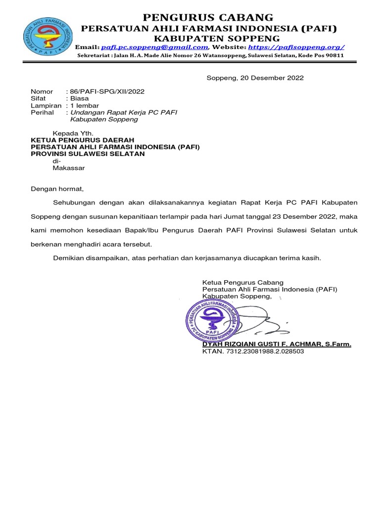 Undangan Rapat Kerja PAFI Soppeng | PDF