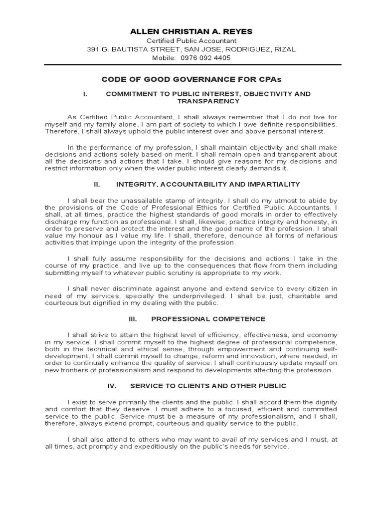 Sample Code of Good Governance | PDF | Certified Public Accountant ...