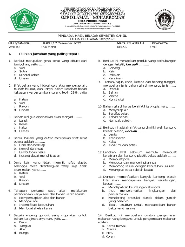 Soal Pas Prakarya Kls 7 2023 | PDF
