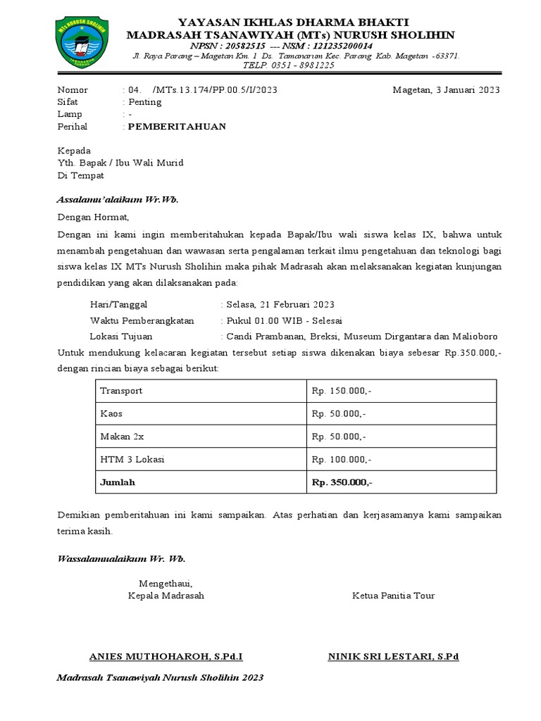 Edaran Study Tour 2022 | PDF