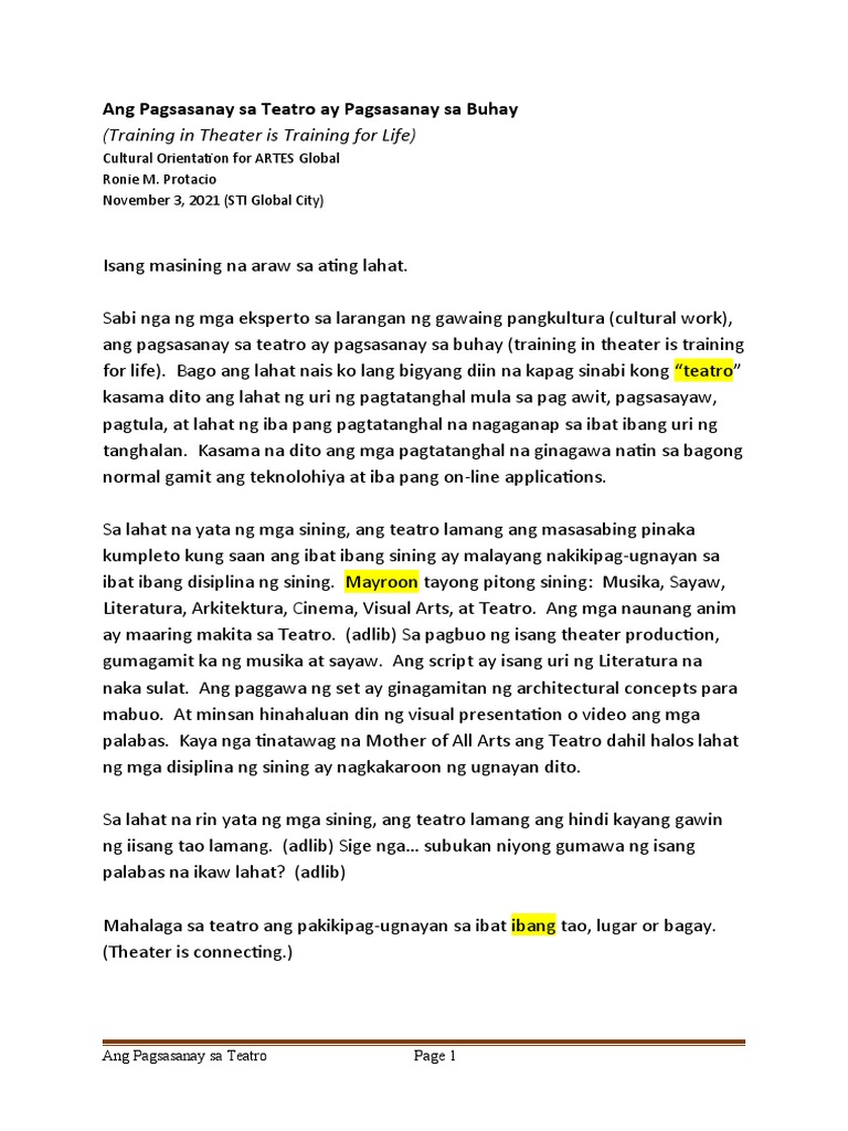 ARTES Global Talk Ang Pagsasanay Sa Teatro Ay Pagsasanay Sa Buhay | PDF