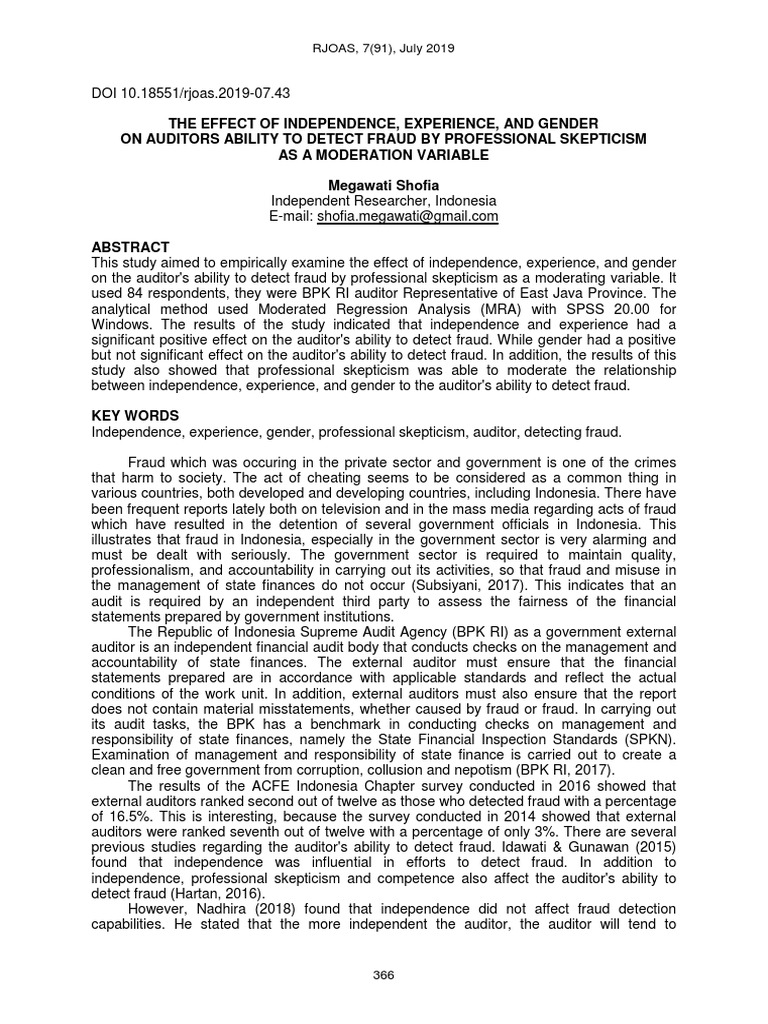 The Effect of Independence Experience and Gender On Auditors Ability To Detect Fraud by ...