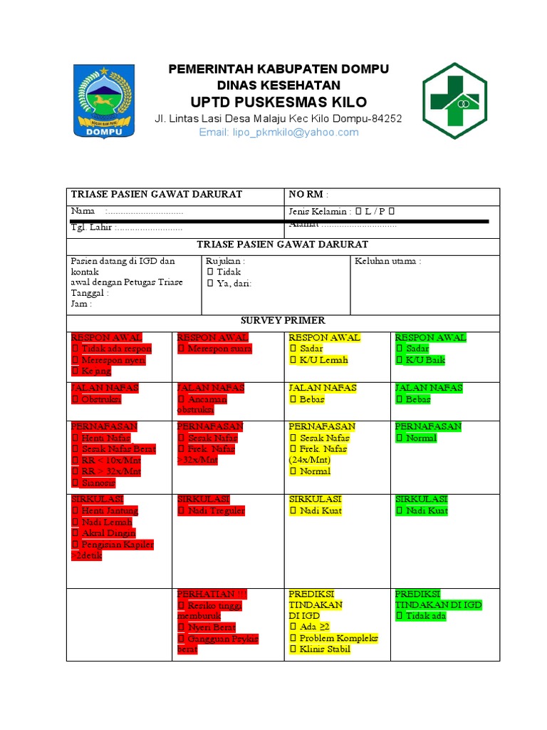 Form Triase Ugd PKM Kilo | PDF