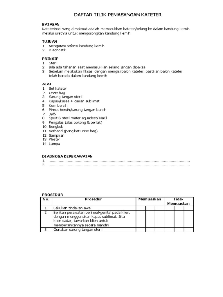 Daftar Tilik Pemasangan Kateter | PDF