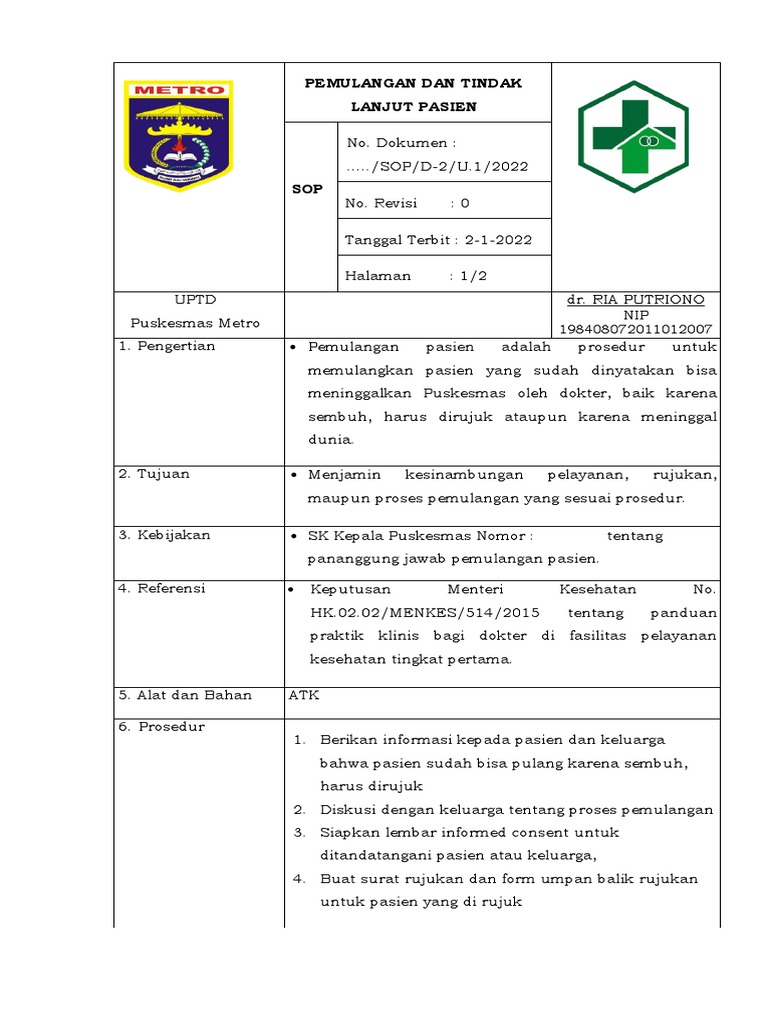 Sop Pemulangan Pasien Dan Tindak Lanjut Pasien | PDF