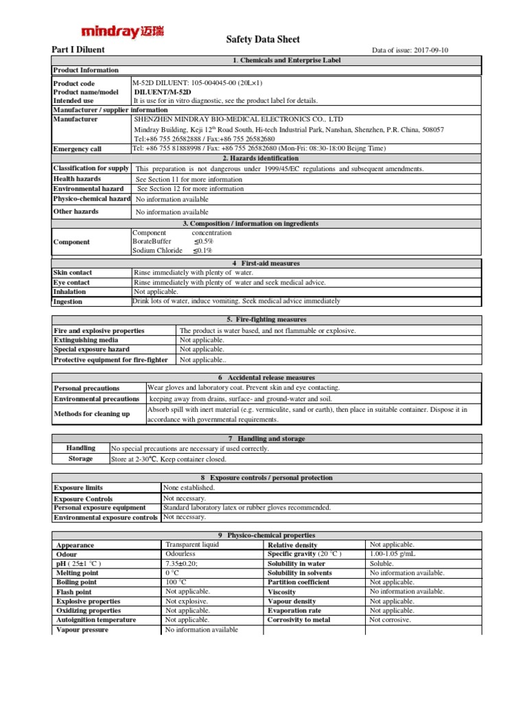 MSDS Mindray M-52 | PDF | Dangerous Goods | Water