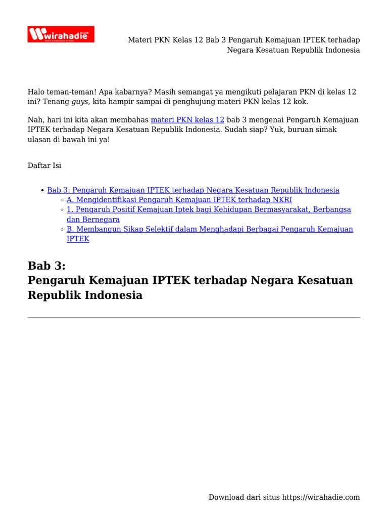 Materi PKN Kelas 12 Bab 3 Pengaruh Kemajuan IPTEK Terhadap Negara Kesatuan Republik Indonesia | PDF
