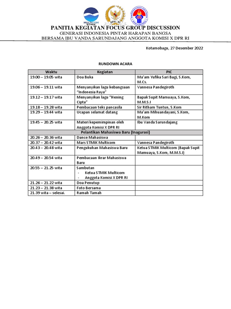 Rundown Kegiatan Focus Group Discussion Sekaligus Inaguraasi | PDF