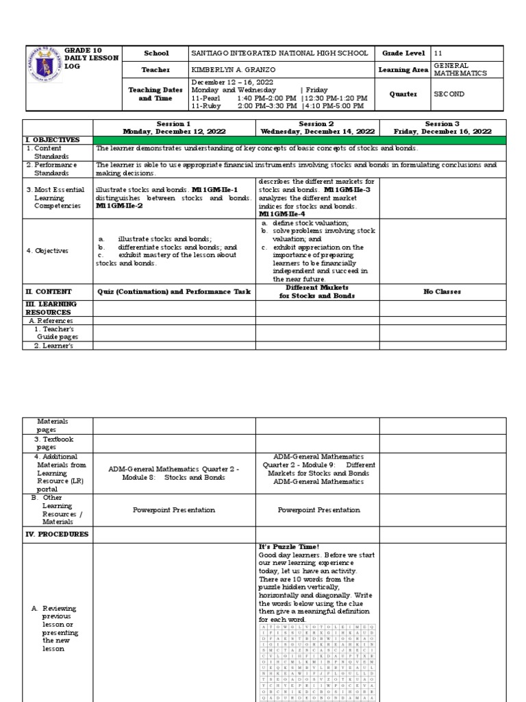 Granzo DLL Genmathmath11 Week6 | PDF | Stocks | Learning