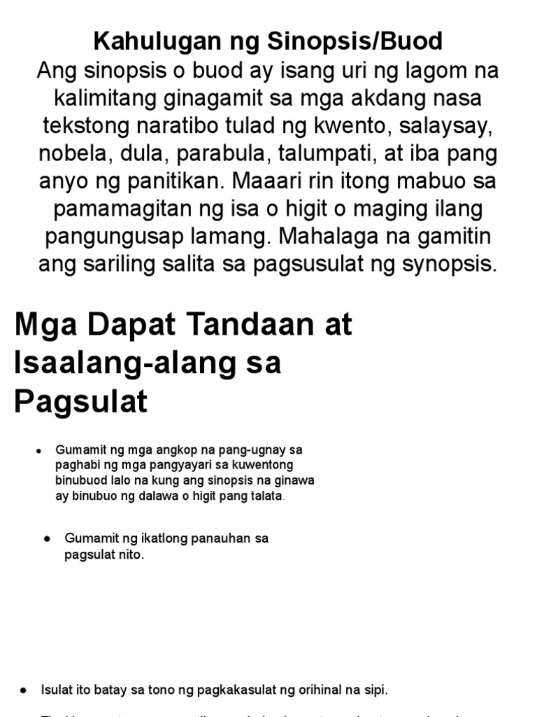 Kahulugan NG Sinopsis - Buod | PDF