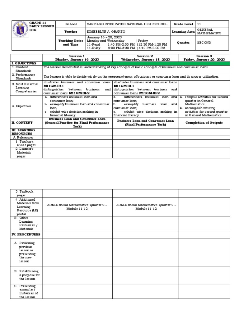 Granzo DLL Genmathmath11 Week9 | PDF | Learning | Teaching