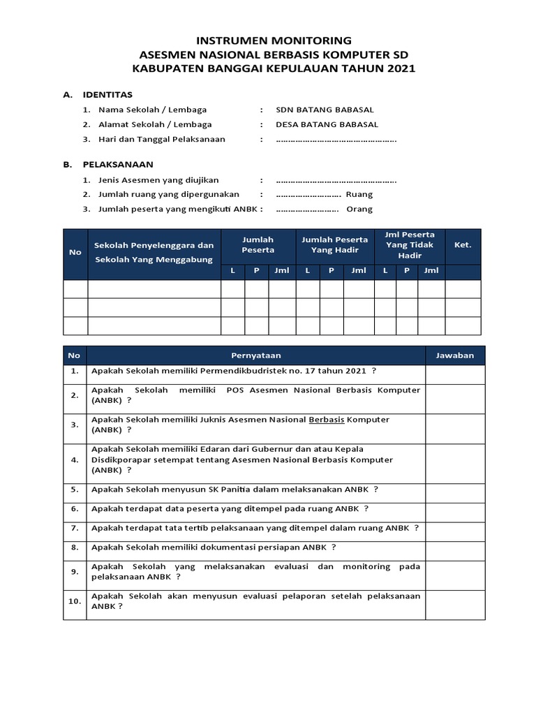 Instrumen Monitoring Anbk 2021 | PDF