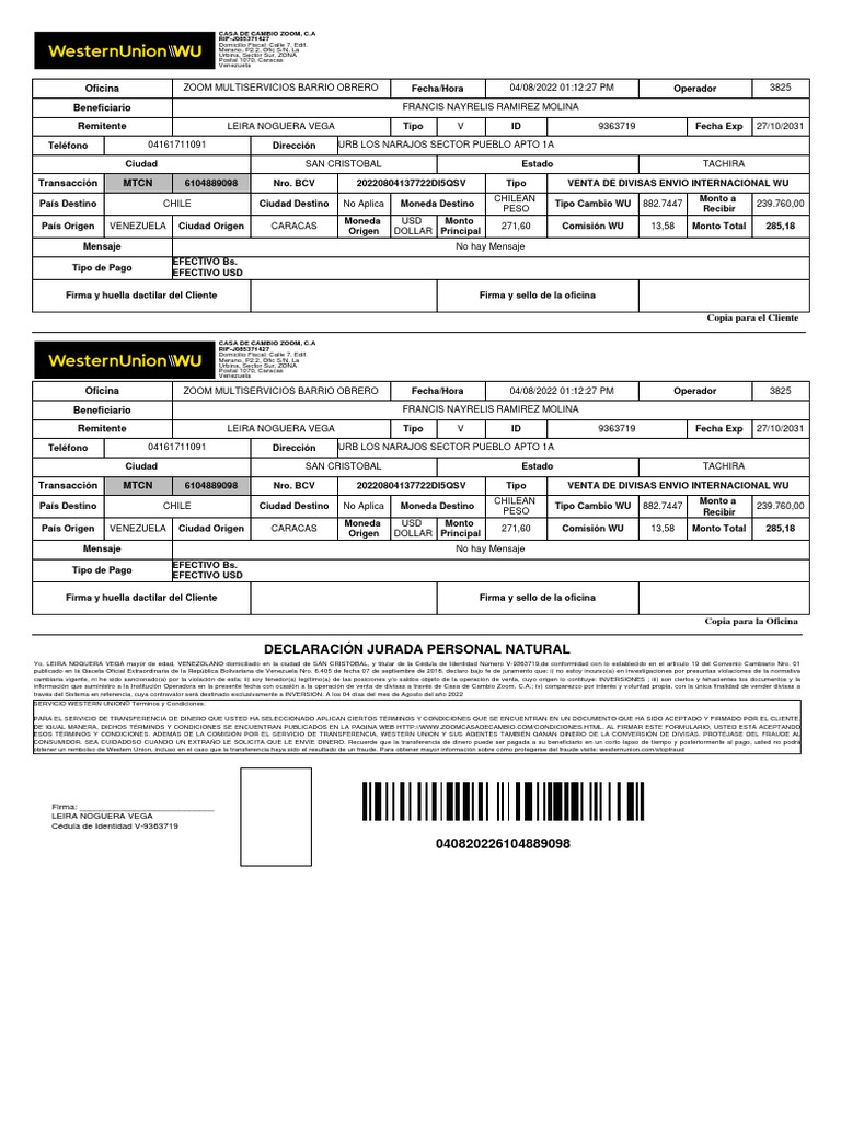recibos_WU_04082022_20220804137722DI5QSV | PDF | Western Union | Venezuela