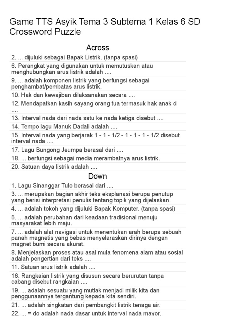 Game TTS Asyik Tema 3 Subtema 1 Kelas 6 SD Crossword Puzzle - ProProfs ...