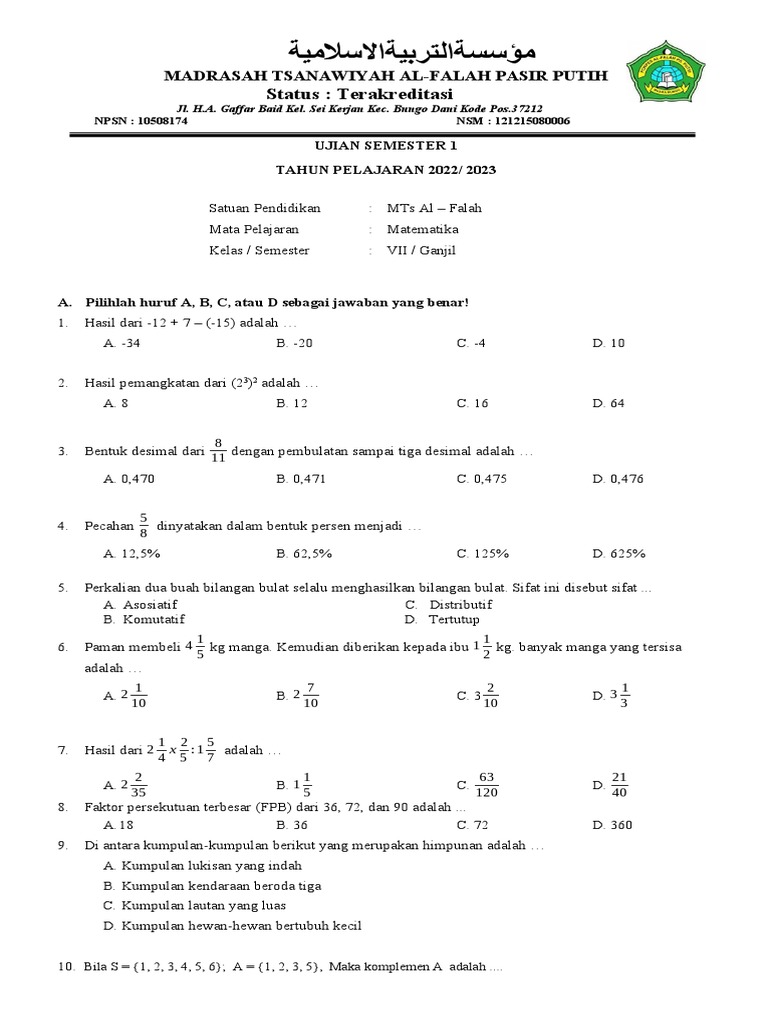 SOAL MTK KELAS 7 Ganjil | PDF