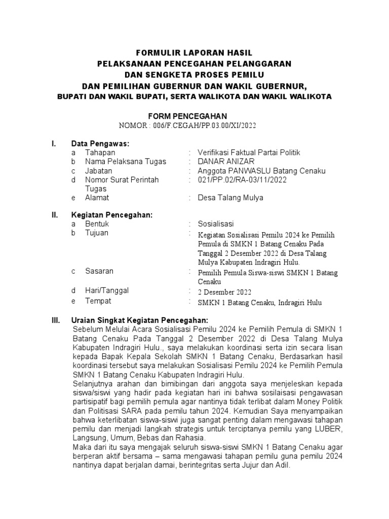 Contoh Form Cegah 6 Desember Panwascam 2024 | PDF