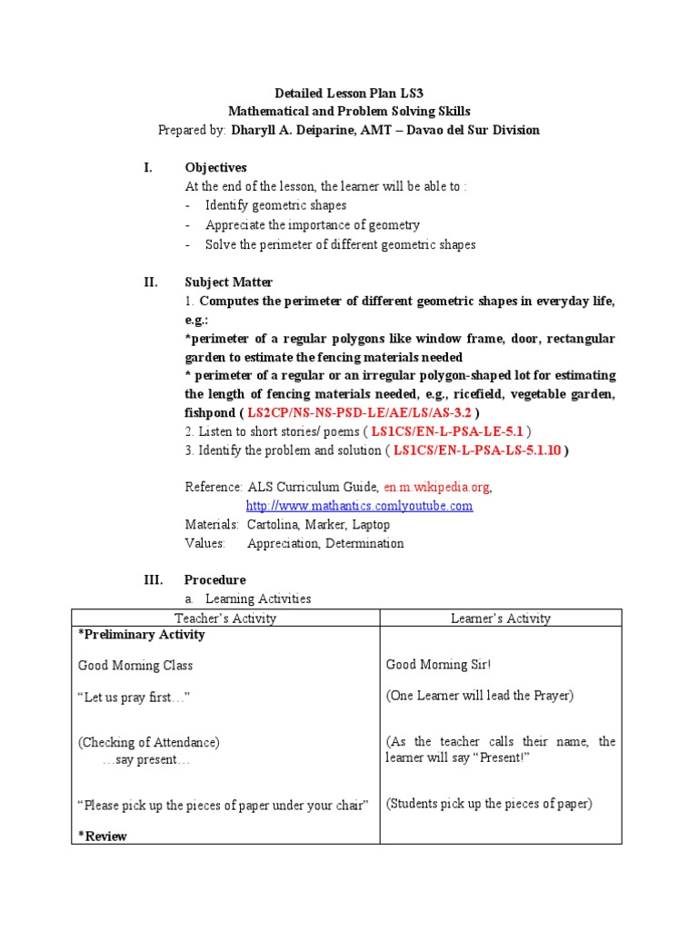 Geometry Lesson Plan: Perimeter Skills | PDF | Teaching Methods & Materials