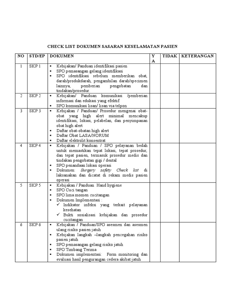 Check List Dokumen Sasaran Keselamatan Pasien | PDF