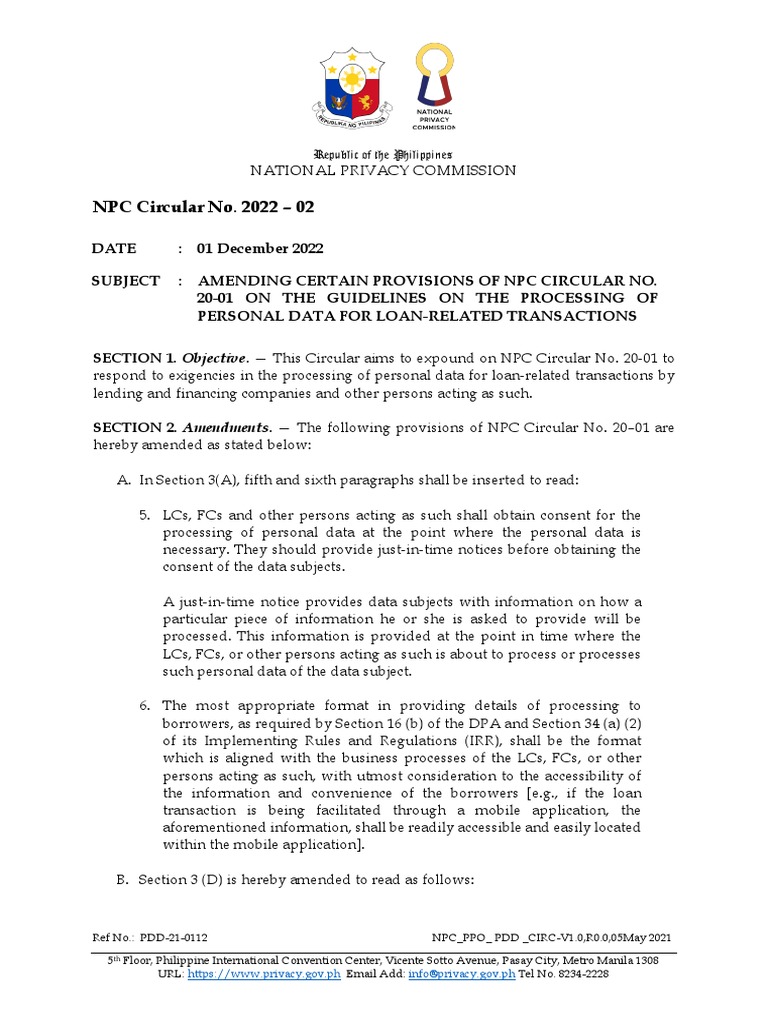 2022 NPC Circular No. 02 Amending NPC Circular 2020-01 Guidelines On ...