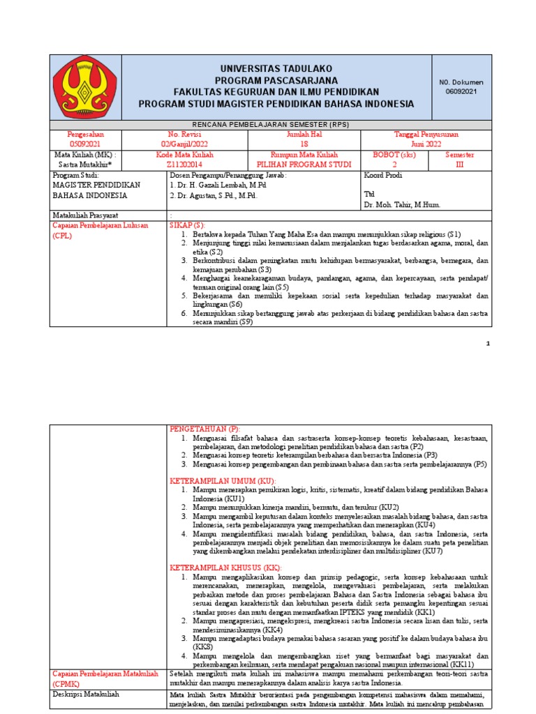 RPS - MK Sastra Mutakhir | PDF