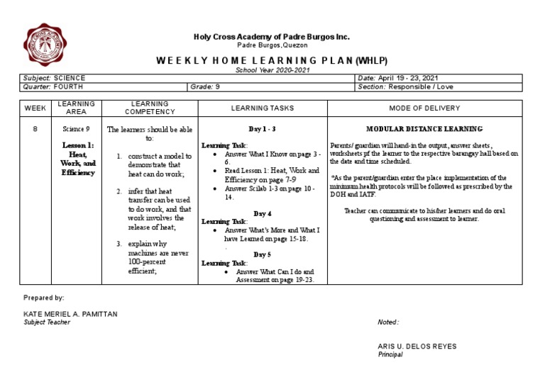 Weekly Learning Plan Science 9 q4 Week 8 | PDF | Pedagogy | Education ...