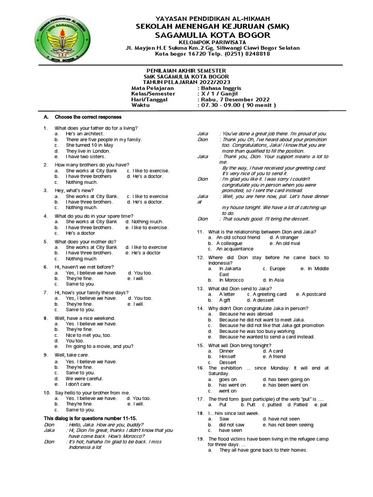 SOAL BING X PAS GANJIL 2223 Ke2 | PDF